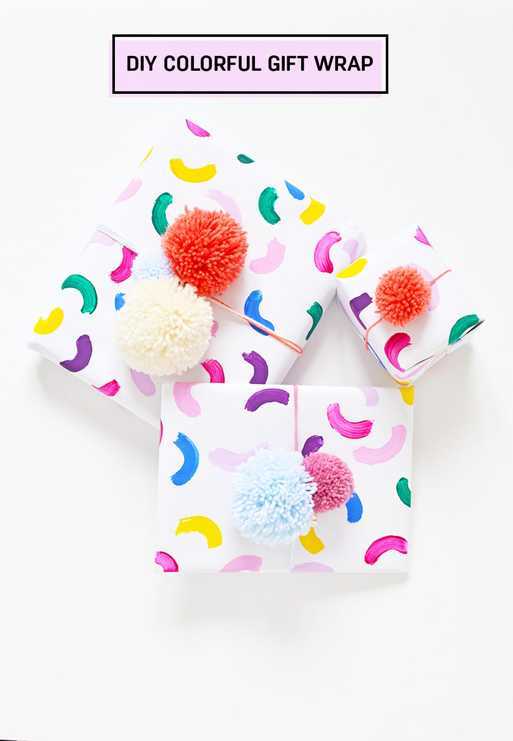 Make an easy colorful gift wrap with pom pom toppers | Enthralling gumption